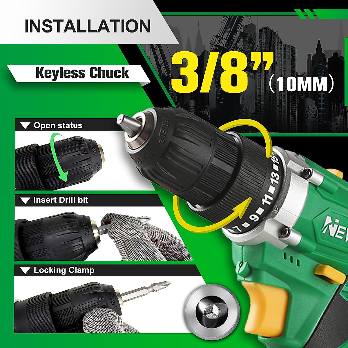 NEWBEAT Cordless Drill Set, 12V Power Drill Driver with 1 Battery and Charger, 3/8" Keyless Chuck, 2 Variable Speed, 15+1 Torque Setting Electric Drill, Drill Driver Kit for Home and DIY Project