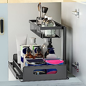 Miskall Under Sink Organizer L Shape 2 Tier Slide Out Sink Shelf for Under Kitchen Bathroom Sink Organizers and Storage Cabinet Organizer Black