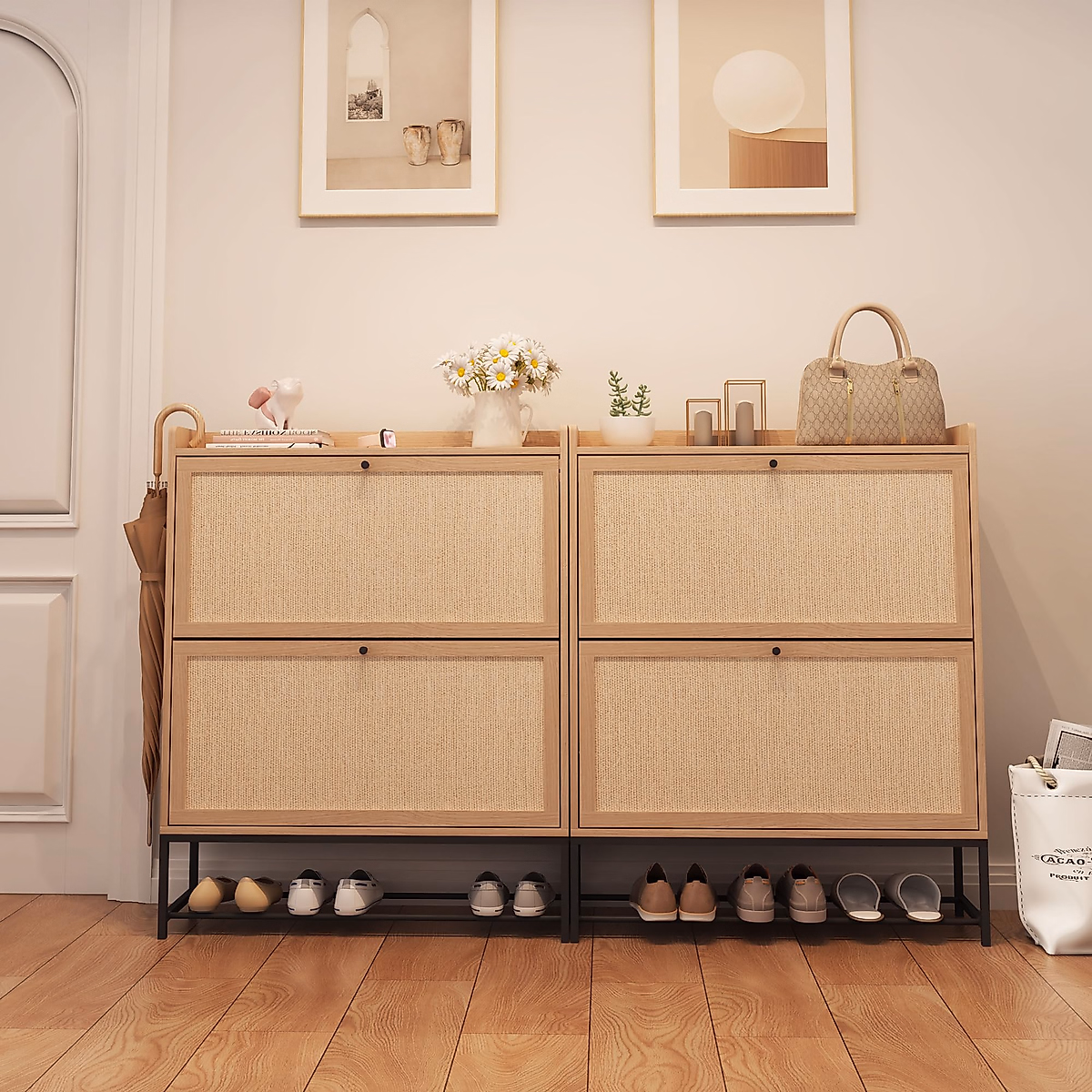 AVZEAR Freestanding Shoe Cabinet with 2 Flip Drawers - Modern Narrow Organizer for Hallway, Bedroom, and Entryway (Natural)