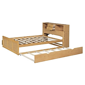 HoRunzelin Full Size Pltaform Bed with Storage Drawers,Twin Trundle,Bookshelf Headboard,Charging Station,Solid Wood Captains Bed with Shelves for Kids Boys Girls Teens, Natural