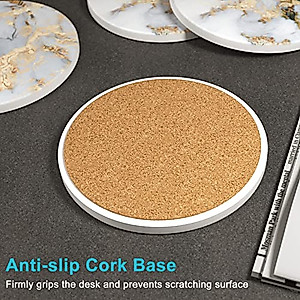 Nipichsha Coasters for Drinks, Set of 6 Marble Absorbent Ceramic Coasters with Holder and Cork Base, Cute Stone Drink Coasters for Cup Kitchen Home Decor Housewarming Gift, Round 4", White Gray Gold