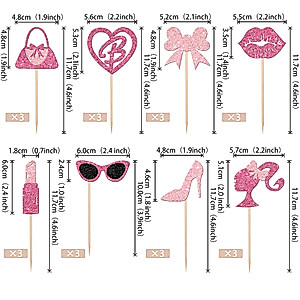 24 PCS Princess Cupcake Toppers Glitter Pink Girl Cupcake Picks Handbag Glasses Bow Lipstick Tie High Heel Cake Decorations for Wedding Bridal Shower Baby Shower Birthday Party Supplies