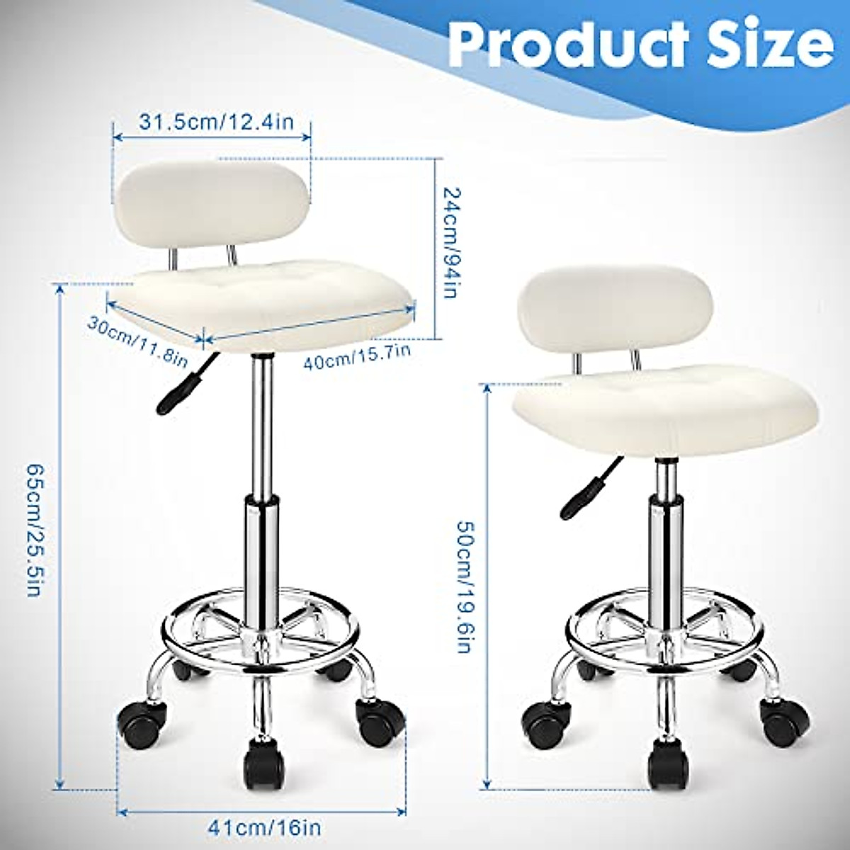 FNZIR Square Rolling Stools with Backrest Height Adjustable Swivel Stool with Wheels White