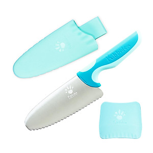 Kids Knife for Real Cooking, Montessori Children's Knife with Firm Grip, Stainless Steel Kids Safety Chef Knife with Finger Guard, Round Tip, Serrated Edges, BPA-Free (Blue)