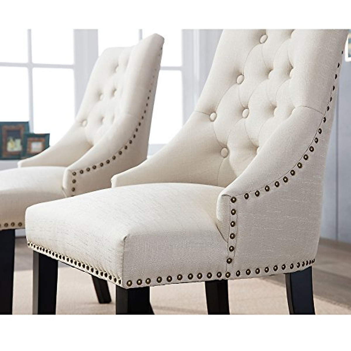 DAGONHIL Fabric Dining Chairs Set of 2 Tufted Dining Room Chairs Upholstered Kitchen Chairs, Accent Chairs with Black Solid Wood Legs, Nailed Trim (Beige)