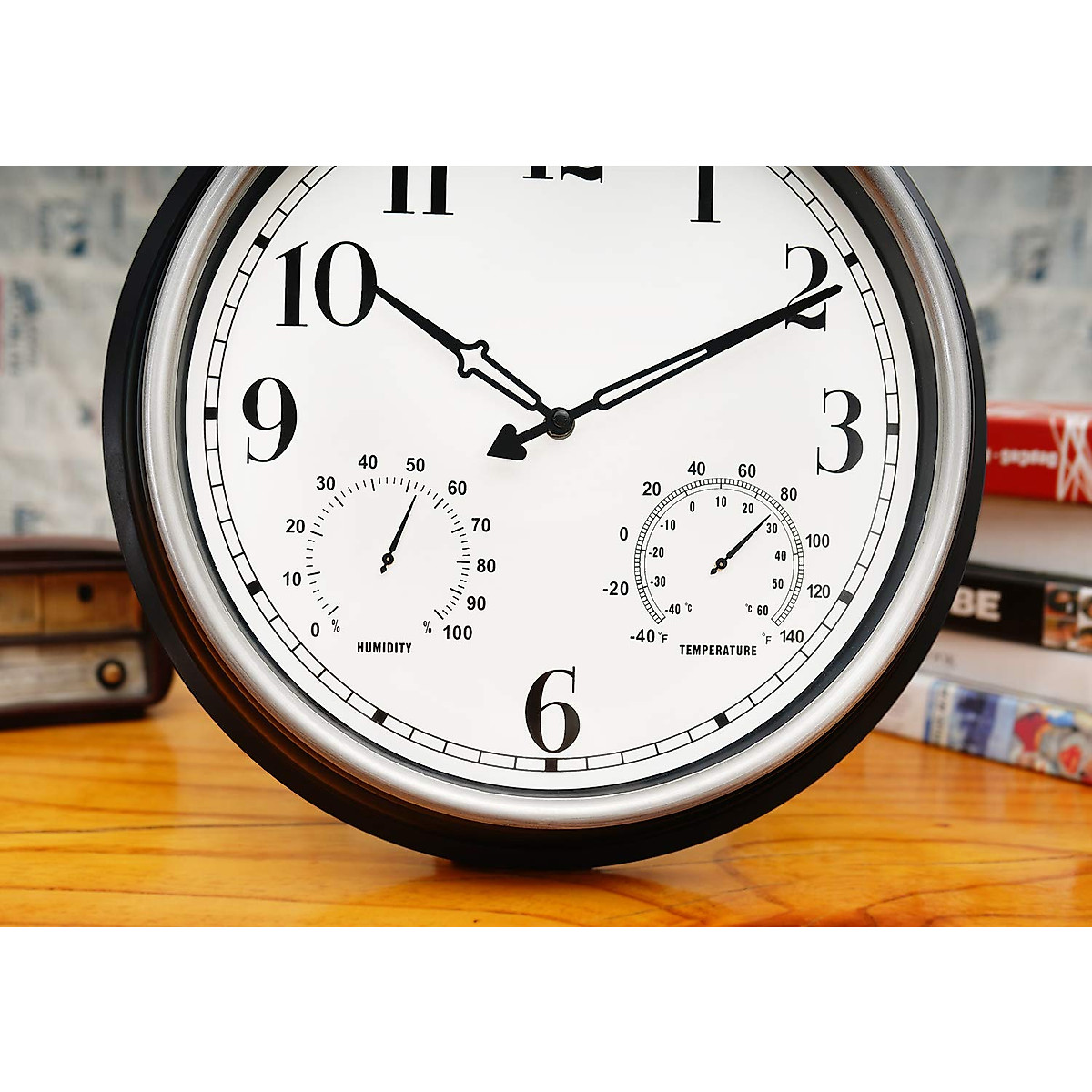 Rsobl 16 Inch Large Indoor Outdoor Wall Clock,Waterproof Non-Ticking Clock with Thermometer and Hygrometer Combo,Battery Operated Clock Wall Decorative- Silver