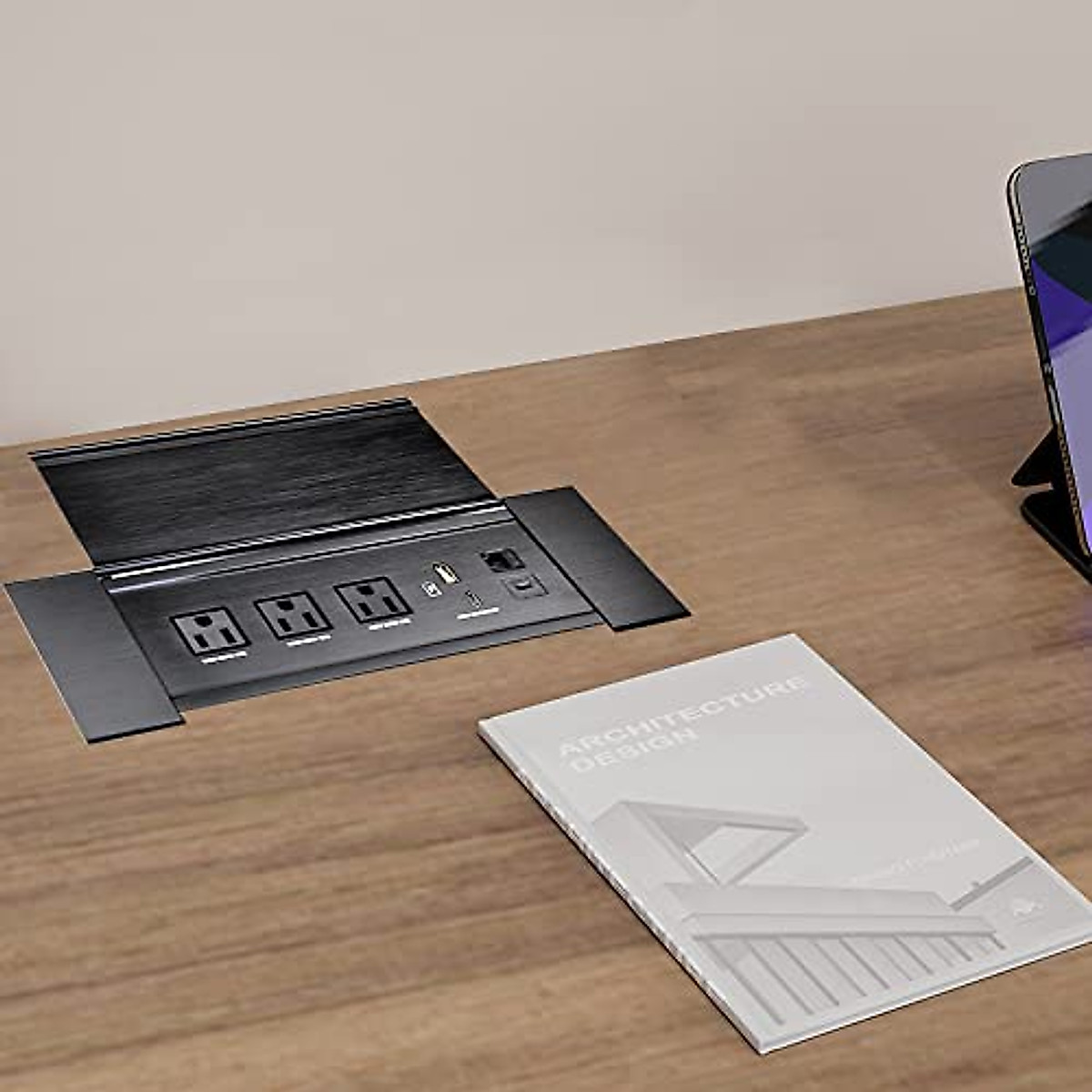 Brush Connectivity Box Conference Table Power Box with 3 Power Socket+ 1 USB-A and Type C Charger+1 CAT6+ 1 USB-C Data(Black) (Flip up)