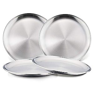HaWare Toddlers Kids 18/8 Stainless Steel Plates, Durable Metal 304 Feeding 8in Dishes for Serving/Snack/Camping, No Plastic and Dishwasher Safe - 4 Pack