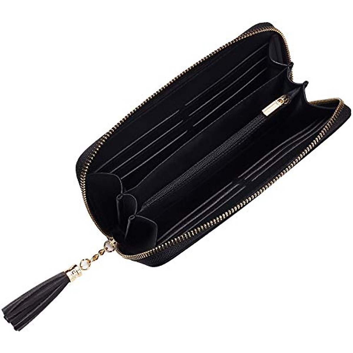 Travelambo Womens Wallet Tassel Bifold Ladies Cluth Wristlet Wrist strap Long Purse (Access Black)