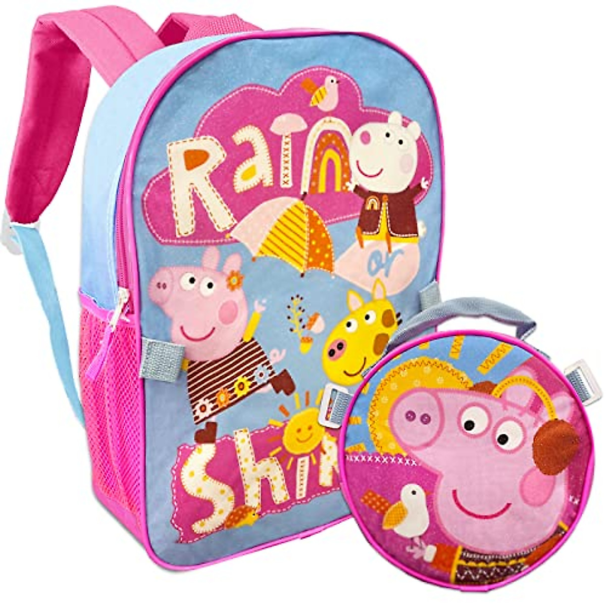 Peppa Pig Backpack with Lunch Box for Kids - 5 Pc Bundle with 16" Peppa Pig School Backpack Bag, Lunch Bag, Water Bottle, Stickers, and More | Peppa Pig Backpack for Girls