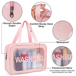 YuanCheng Upgrade Travel Toiletry Bags for Women, Pack-4 Different Size Make Up Bags with Handle, Large Capacity Translucent Waterproof Travel Cosmetic Bags (Comestic Bag-Pink)