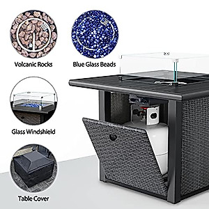 MARVOWARE Propane Gas Fire Pit Table, 60,000 BTU Wicker Outdoor Fireplace with Lid & PVC Cover,CSA Approved Auto-Ignition Fire Tables for Garden Backyard Deck Patio(36in)