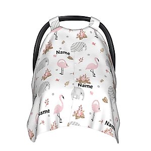 Personalized Baby Car Seat Cover Custom Name Childish Boho Elephant Flamingo Infant Carseat Canopy Multi-Use for Newborn Stroller Nursing Breastfeeding Cozy Soft Gift
