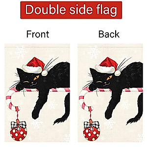 Merry Christmas Garden Flag 12x18 Double Sided, Burlap Winter Christmas Bell Black Cat Garden Yard Flags for Xmas Christmas Outside Outdoor Decoration (ONLY FLAG)