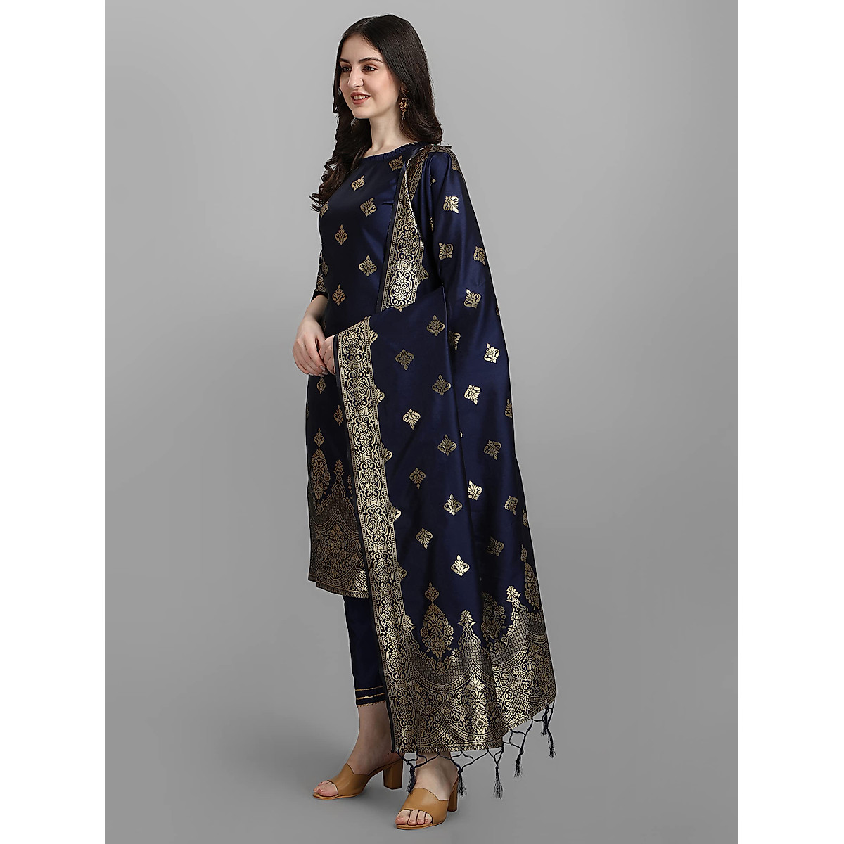 VredeVogel Women's Cotton Silk Jacquard Kurta Pant With Banarasi Silk Dupatta Large Navy Blue