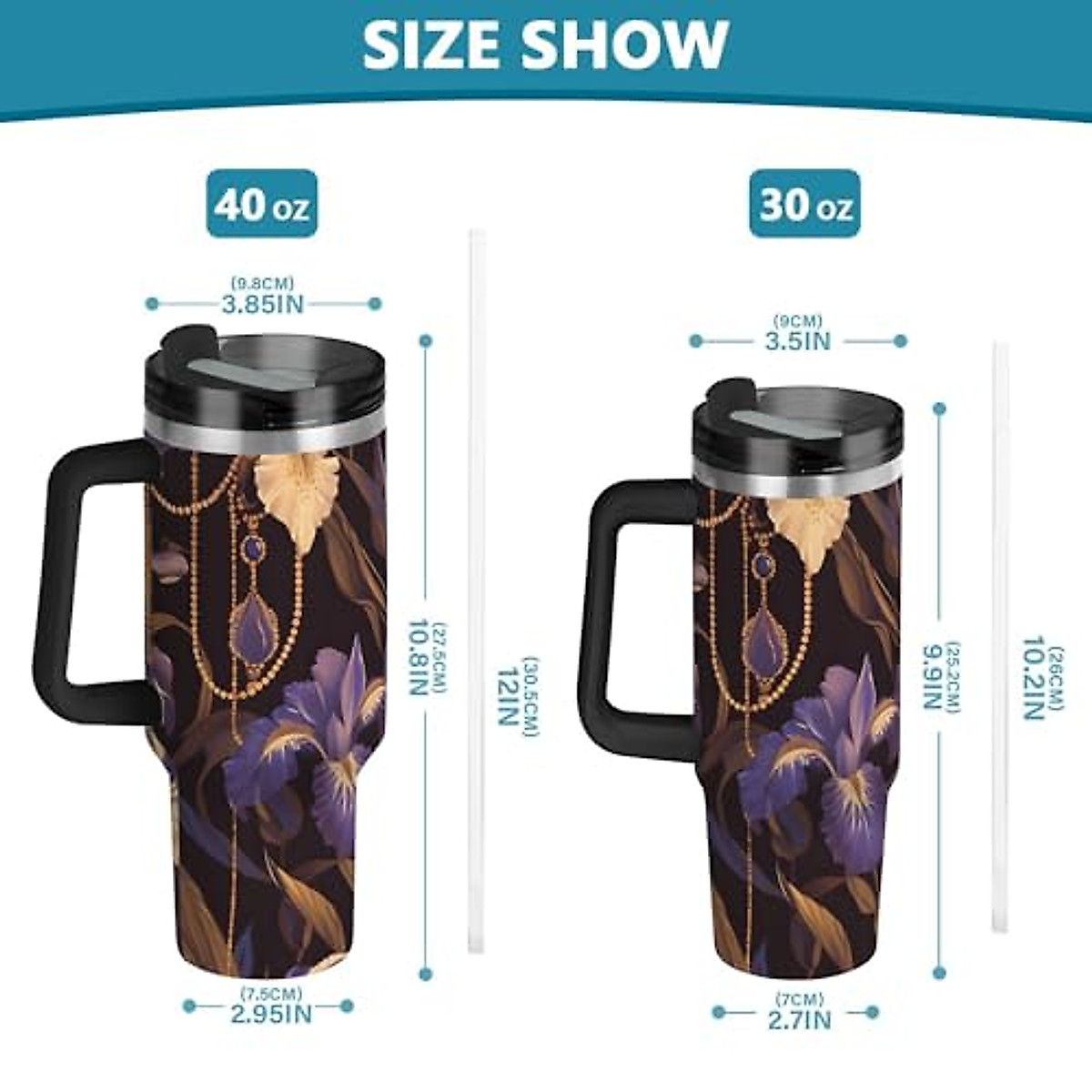 Bokkoy Iris and Chain 40 oz/30 oz Tumbler with Handle and Straw Stainless Steel Tumbler with Lid Reusable Vacuum Insulated Cup