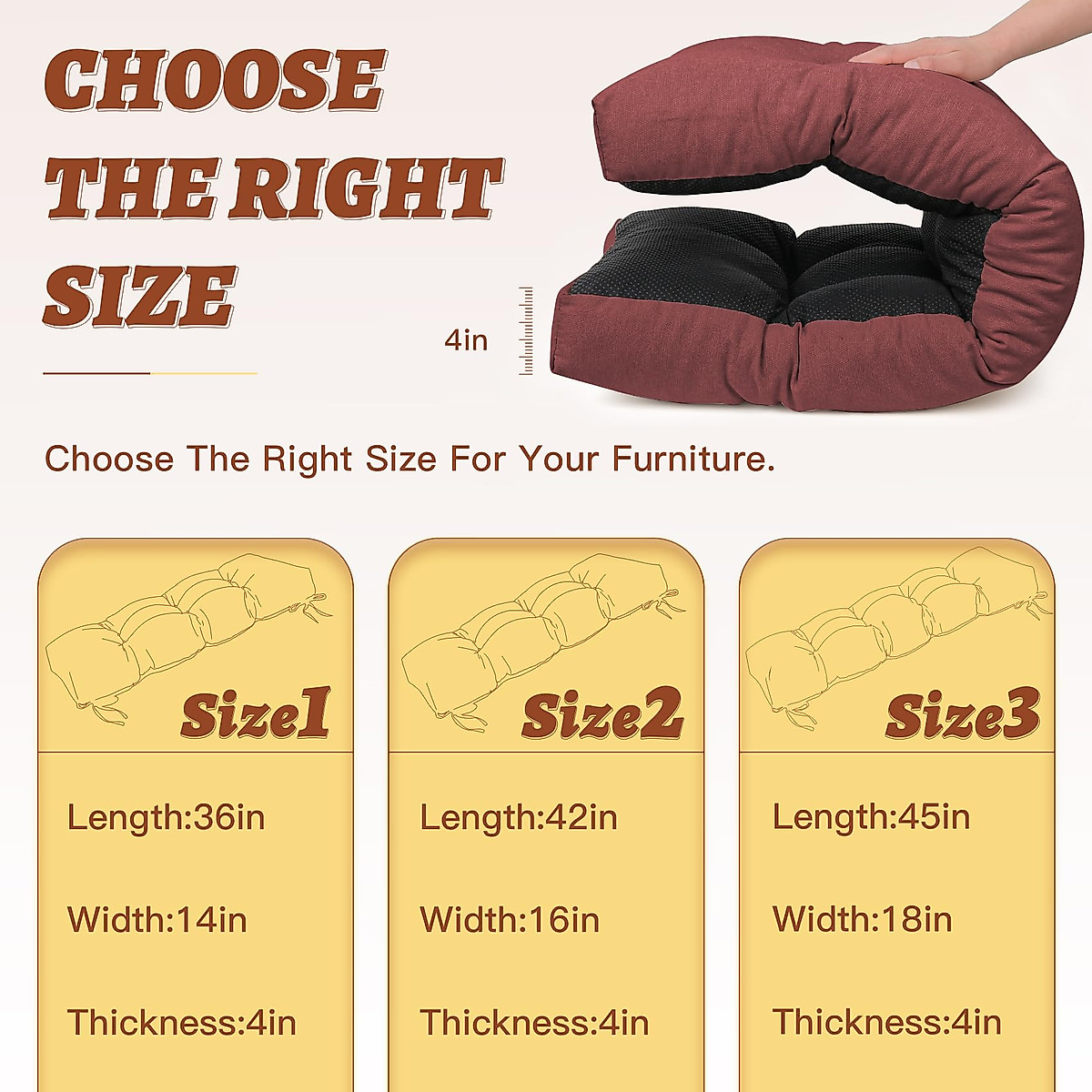 Focuprodu Bench Cushions. Non-Slip Pile Bench Cushion for Indoor and Outdoor in Multiple Scenarios.45x18 Inch Bench Cushion Ideal Cushion for Benches, Sofas and Raised Windows. (36x14x4, Burgundy)