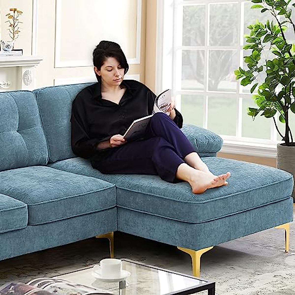 MAEVIS 79" Modern Sectiaonal Fabric Sofa Couch for Living Room,Comfortable Small Sofa, Chenille L Shaped Sofas with Solid Wood Frame, Detachable Cover and Armrest, Easy to Install(Light Blue)