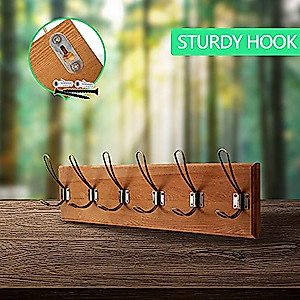 Coral Flower Wall Mounted Rack with Shelf-Rustic Wooden 6 Coat Hanger Rail Distressed Wood Black Metal Hooks, 27 Inches, Light Brown