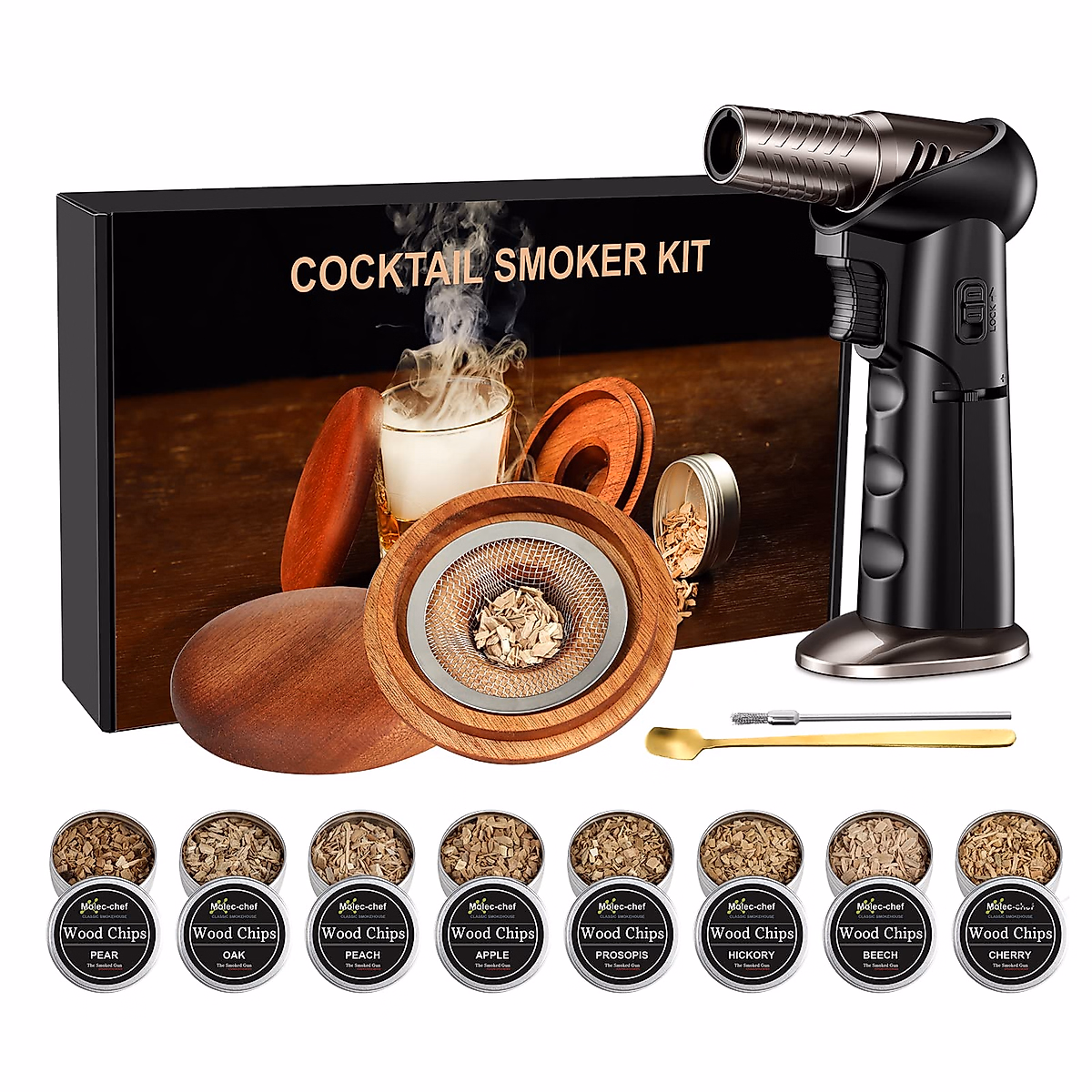 Cocktail Smoker Kit with Torch, [8 Flavors Wood Chips] Domxty Old Fashioned Cocktail Kit/Bourbon/Whiskey Smoker Infuser Kit for Coffee and Flavor Drink, Gifts for Men, Father & Husband (No Butane)