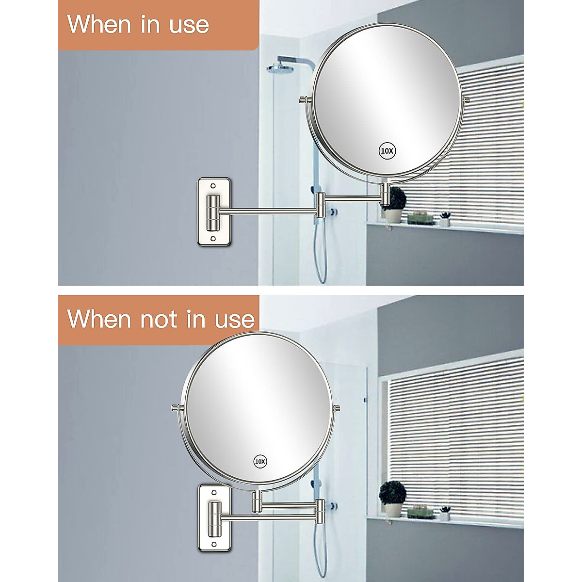 Benbilry 9" Large Size Wall Mounted Makeup Vanity Mirror, 1X/10X Magnifying Double Sided Shaving Mirror for Bathroom, 360° Swivel Extendable Arm Nickel Finish