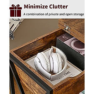 WEENFON Narrow End Table, 2 Tiers Flip Top Sofa Side Table, Nightstand with X-Shaped Metal Legs, Rustic Brown and Black