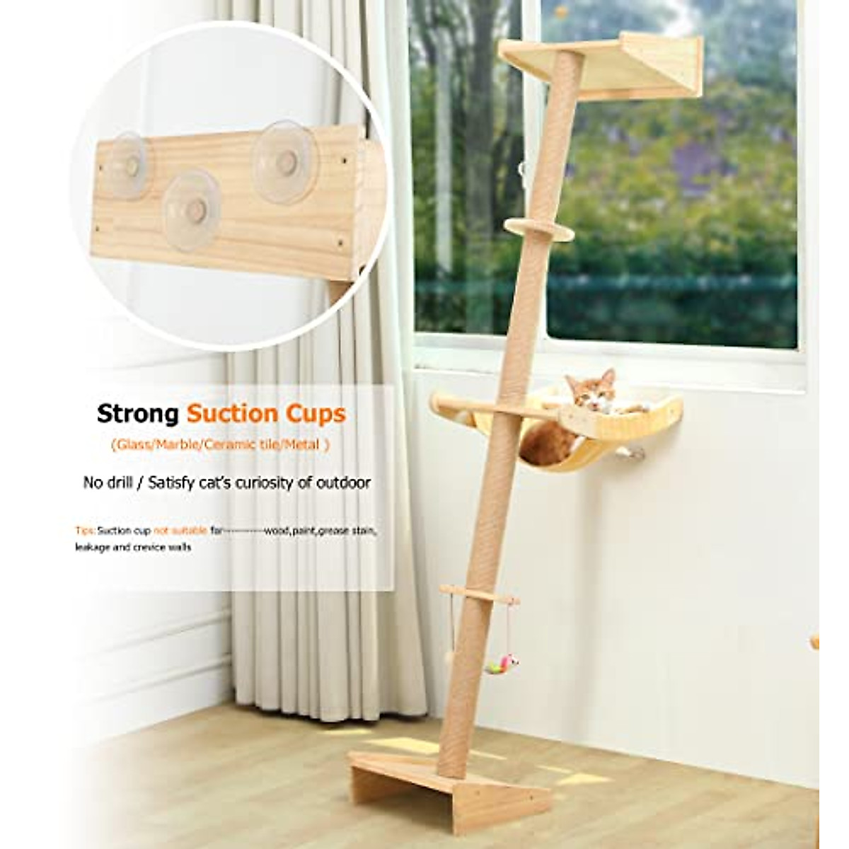 Wall Cat Tree with Hammock, 76" Tall Cat Wall Furniture Lean Against Wall Cats Climbing Tower for Active Indoor Climbers with Simply Suctions to Window