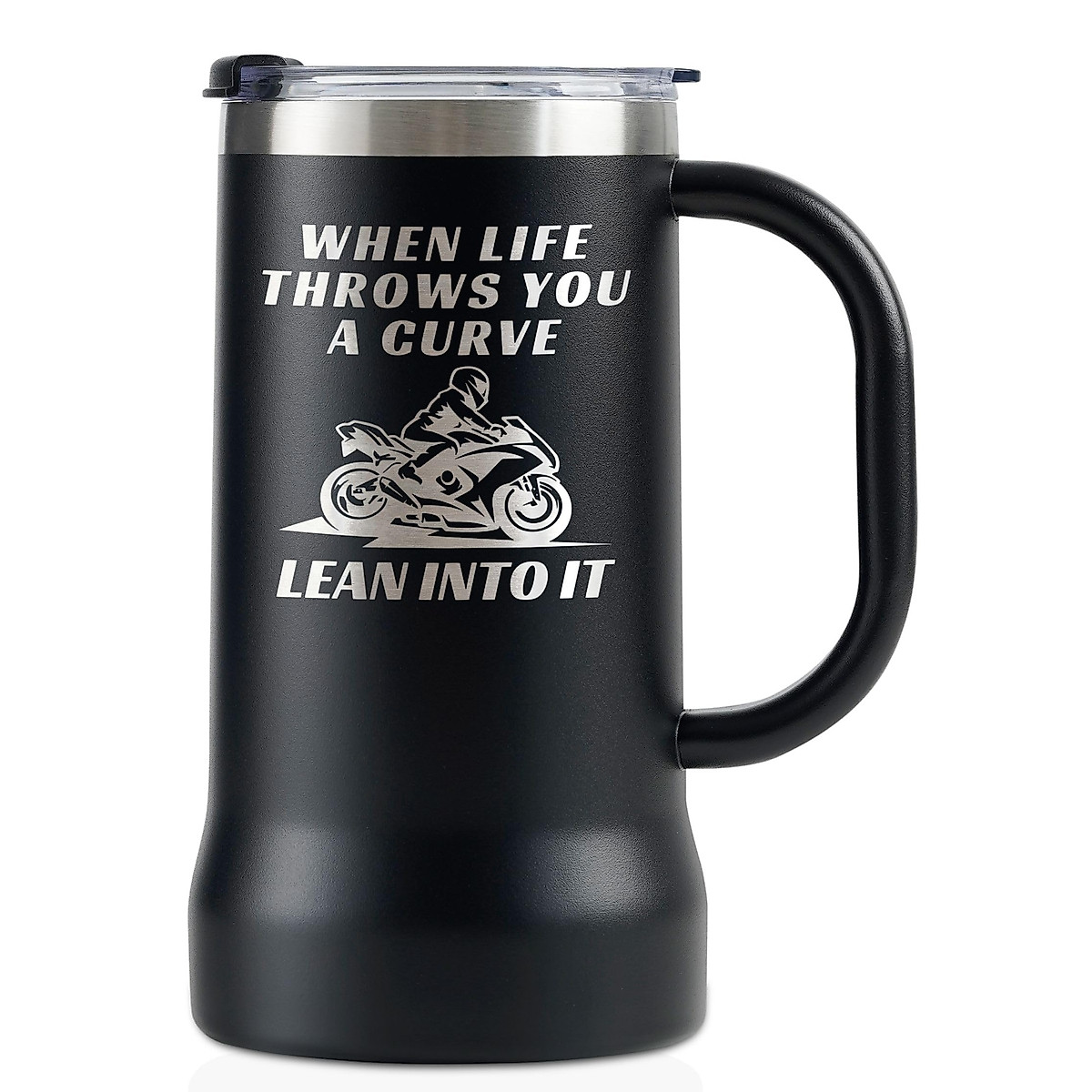 Onebttl Motorcycle Gifts for Men, When Life Throws You a Curve, Lean into it, Stainless Steel Beer Stein Tumbler, 24oz Beer Mug with Lid