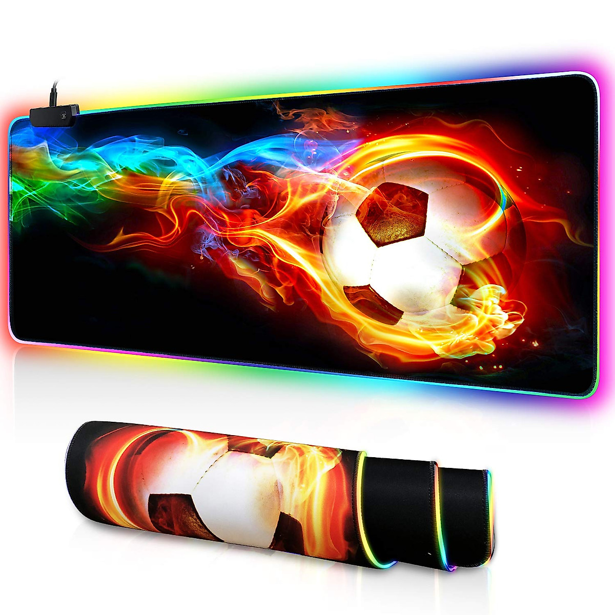 Large RGB Gaming Mouse Pad - Big Gaming Led Mouse Pad Smoothly Waterproof Surface XXL Mouse Pad with Anti-Slip Rubber Base Stitched Edge Mouse Pad for Keyboard,31.5"x12"x0.15"(Flame Soccer)