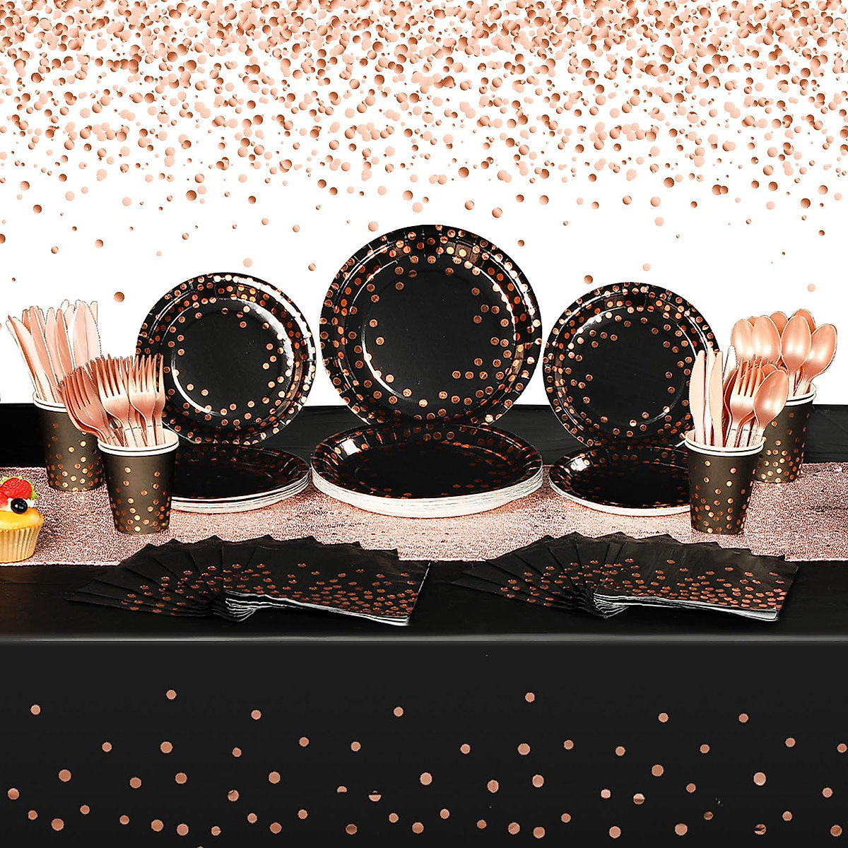 Capoda Black and Rose Gold Party Supplies Serve 24 Guest Rose Gold Dot on Black Paper Plate Napkin Cup Disposable Tablecloth Sequin Table Runner Cutlery for Wedding Bridal Shower Birthday Decorations