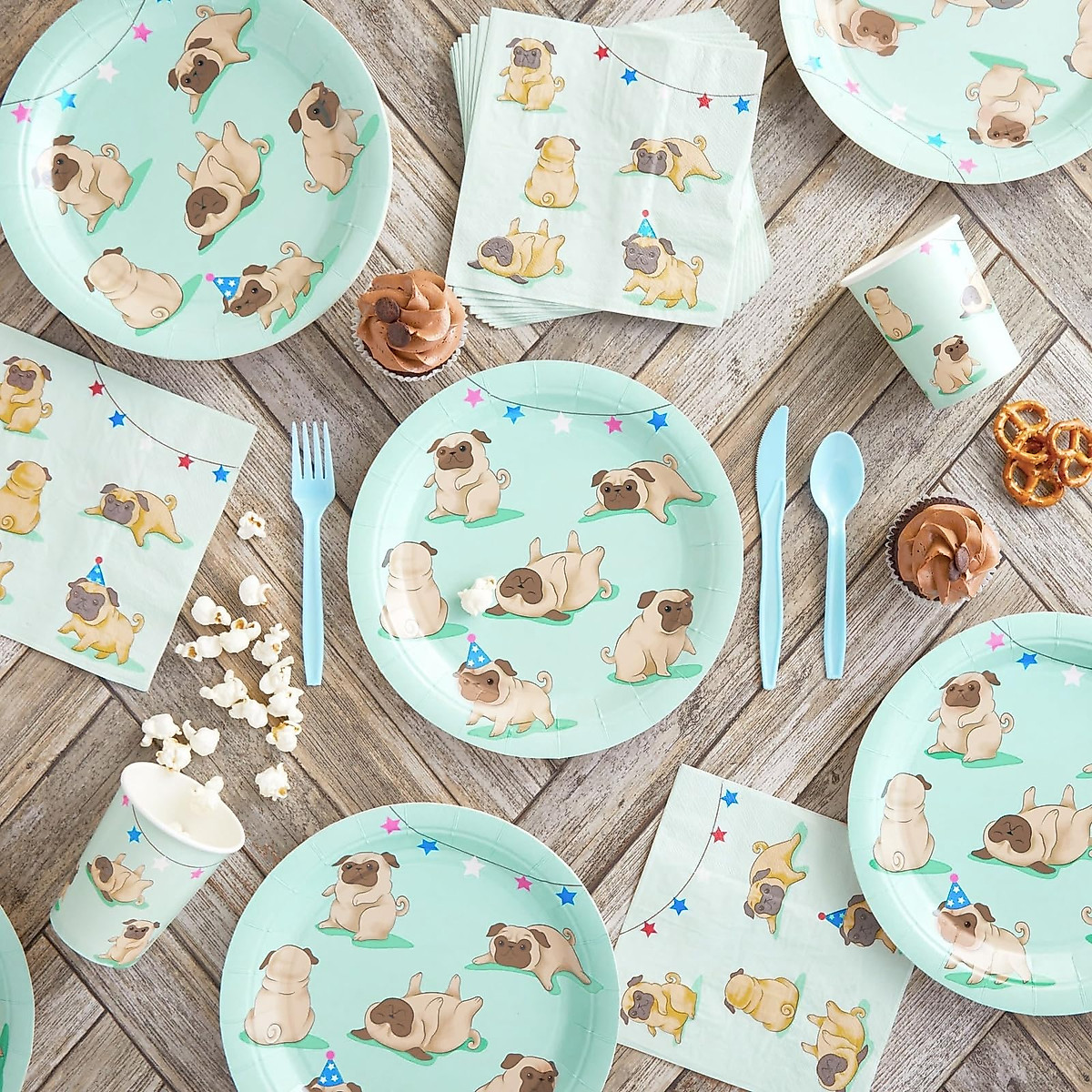 144 Piece Pug Party Supplies, Dog Birthday Decorations with Paper Plates, Napkins, Cups, and Cutlery (Serves 24)