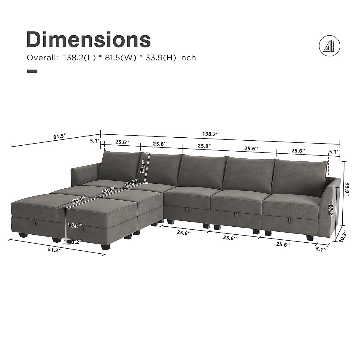 HONBAY Reversible Modular Sofa Couch with Chaise L Shaped Sectional Sofa Oversized Velvet Modular Sofa Sleeper with Storage Seats, Grey