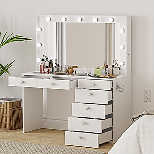 Boahaus Serena LARGE Makeup Vanity with Hollywood Lights Built-in, 7 Drawers, Hollywood Mirror, Hairdryer Hanger, Glass Top, Crystal Knobs, White Vanity Makeup Desk for Bedroom, 58'' Hx47''Wx17''D
