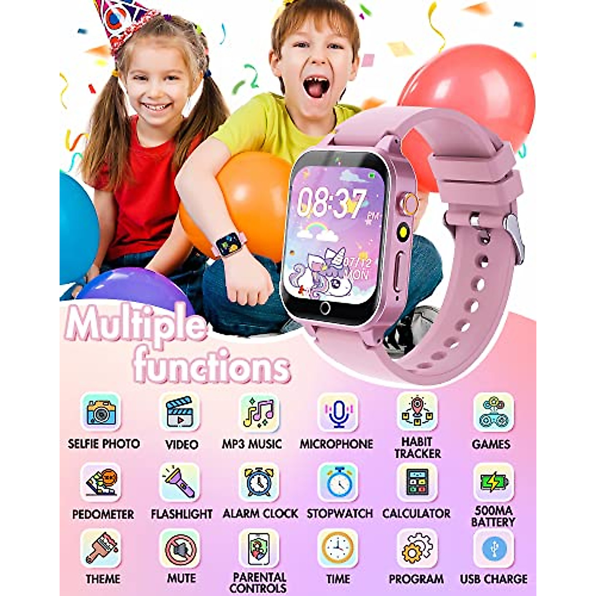 Smart Watch for Kids with Video Camera Music Player Educational Birthday Gifts for 6 7 8 9 10 11 12 Year Old Boys (Pink)