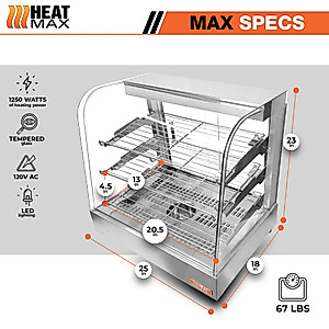 HeatMax 251823 Commercial Electric Stainless & Curved Glass Food Warmer Display Case for Pizza, Chicken, Burgers, Patties, Empanadas or any Hot Food