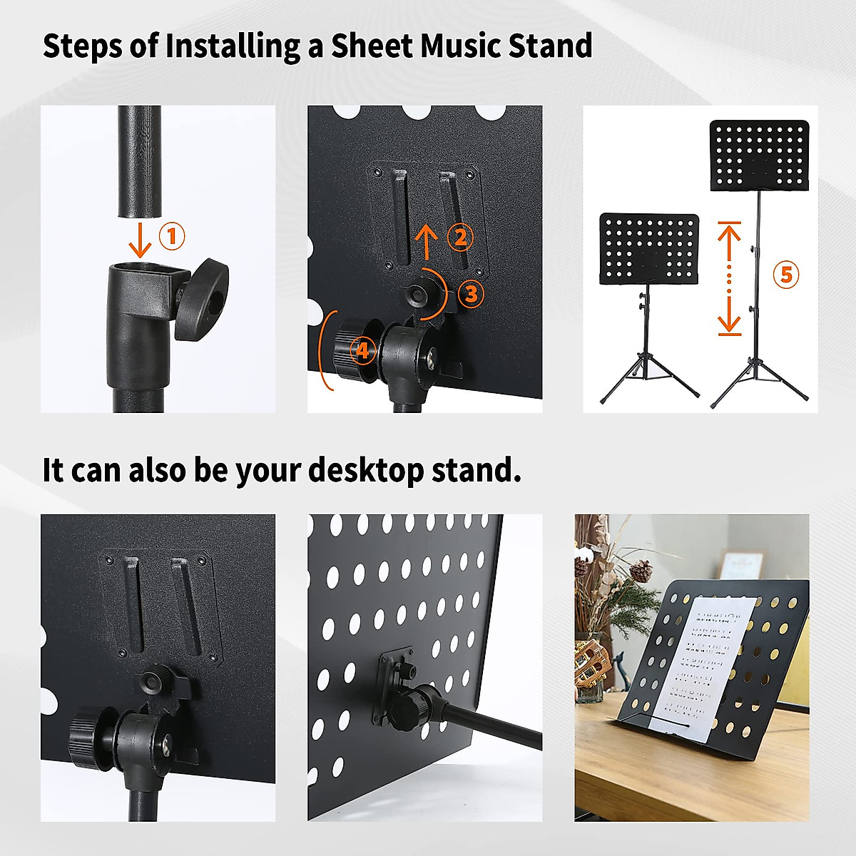 Music Stand, Metal Professional Portable Perforated Sheet Music Stand, Adjustable Music Stand, Equipped with a Carrying Bag, Clip Holder, Music Folder, 2 in 1 Music Bookshelf
