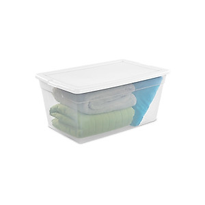 Sterilite 90 Qt Storage Box, Stackable Bin with Lid, Plastic Container to Organize Clothes, Blankets, Towels in Closet, Clear with White Lid, ‎29.75"L x 13.5"W x 18.75"H, 4-Pack