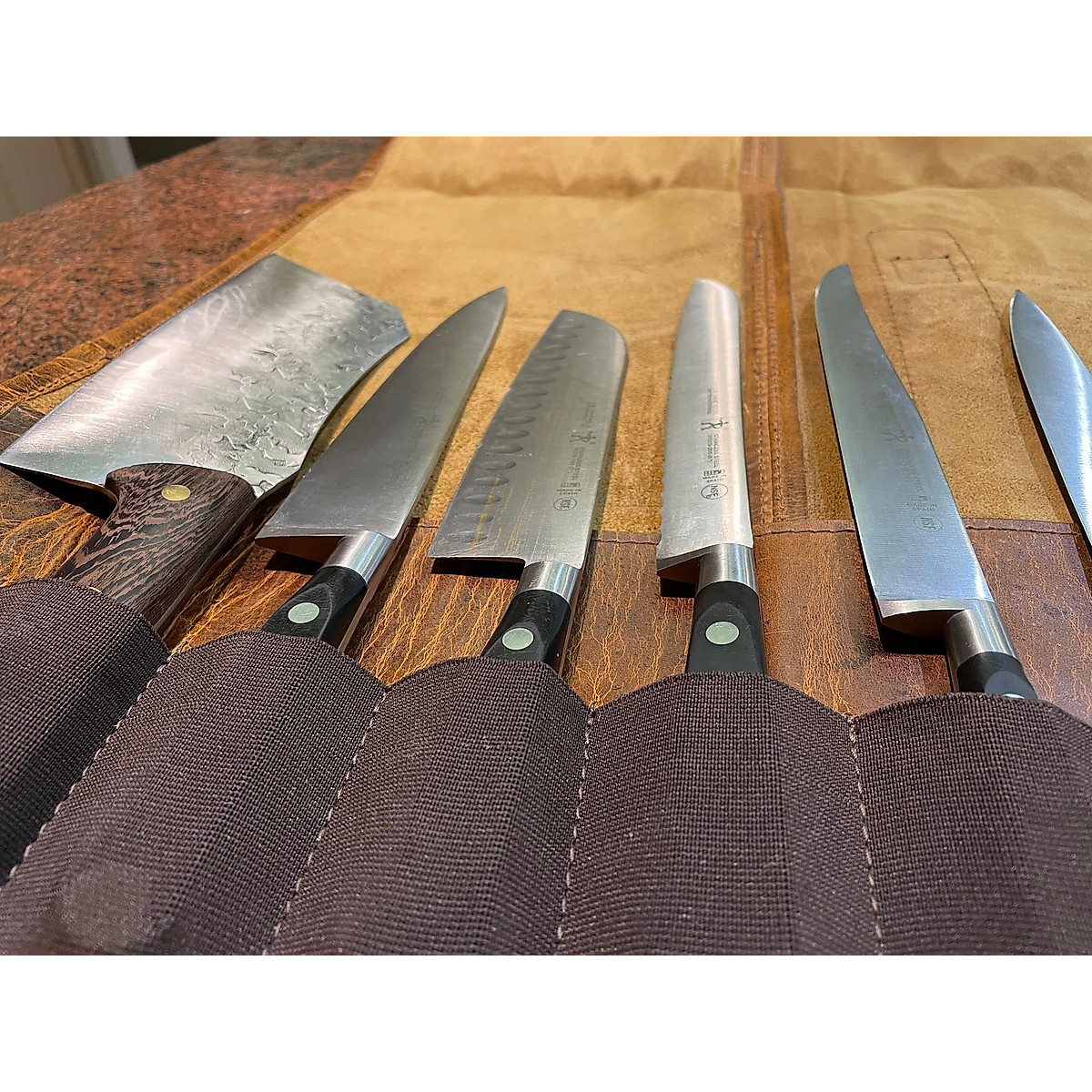 Knife Bag Knife Roll - Case for Knives - SharpStyle: Genuine Leather Chef Knife Roll - Beautifully Holds 10 Knives + Utility Pockets - Includes Leather Carry Handle and Strap - Large.