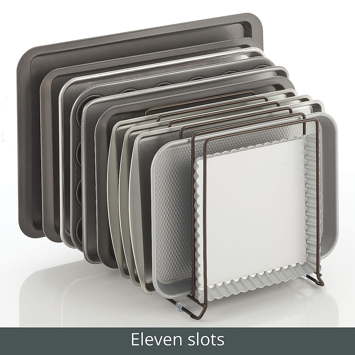 mDesign Metal Wire Organizer Rack for Kitchen Cabinet, Pantry, Shelves - Holder with 11 Slots for Skillets, Frying Pans, Lids, Cutting Boards, Vertical or Horizontal Placement - Extra Large - Bronze