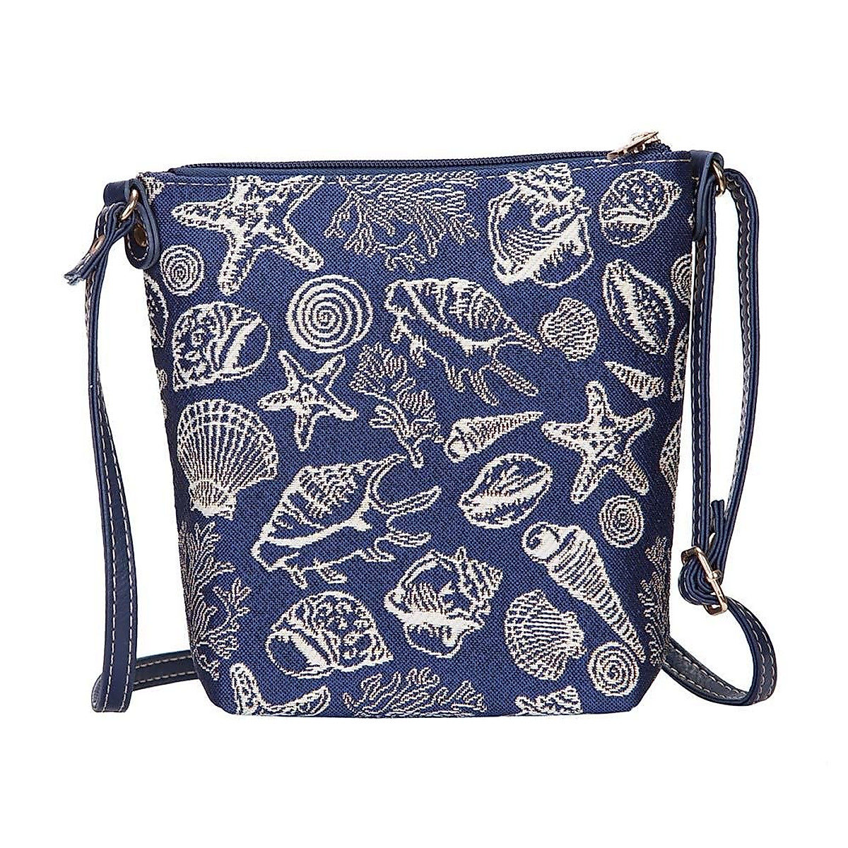 Signare Tapestry Small Crossbody Bag Sling Bag for Women with Navy Blue Sea Shell Design (SLING-SHELL)