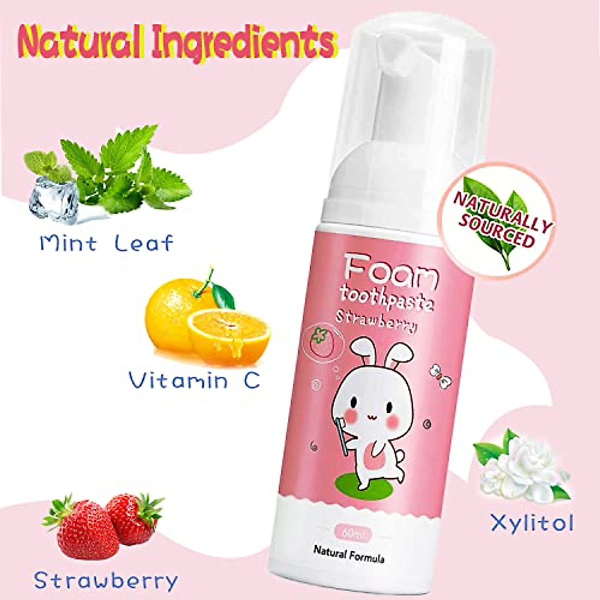 KONLEMEI Foam Toothpaste Kids, Natural Formula Edible Strawberry Flavor,120ml, 2Packs