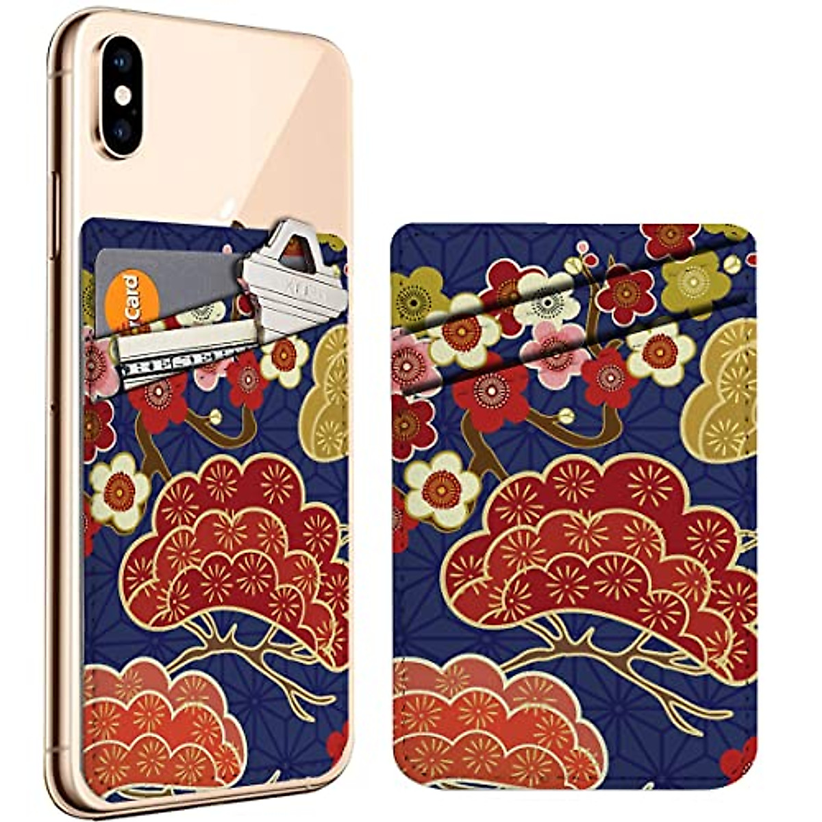 Diascia Pack of 2 - Cellphone Stick on Leather Cardholder ( Japanese Cherry Blossom Ornament Pattern Pattern ) ID Credit Card Pouch Wallet Pocket Sleeve