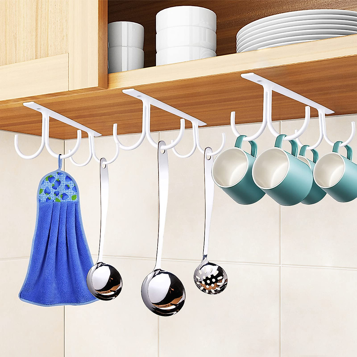 TRUSBER Mug Holder Under Shelf Coffee Cups Organizer Under Cabinet 3 Pack Cups Mugs Rack with Hooks 12 Hanging Hooks for Mugs,Coffee Glass Cups