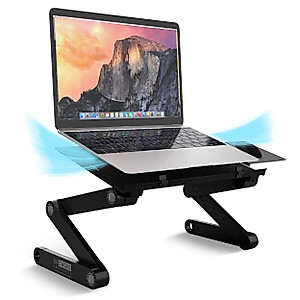 WorkEZ BEST Adjustable Laptop Stand Lap Desk for Bed Couch with Mouse Pad ergonomic height angle tilt aluminum desktop riser tray portable computer riser table cooler cooling folding holder black