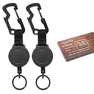 MNGARISTA 2 Pack Retractable Keychain, Multitool Carabiner Badge Holder, 8oz Retraction, Heavy Duty Badge Reel, Retractable Key Chain with Steel Cable and Key Ring, Black
