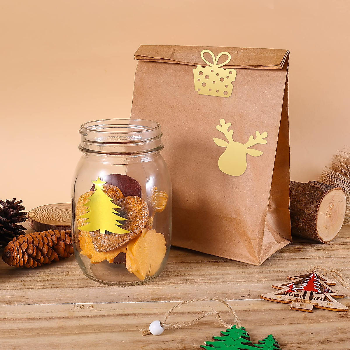 AIEX 120pcs Christmas Envelope Seal Stickers, Envelope Seals Elk Snowflake Present Package Christmas Tree Gold Foil Stickers for Envelopes Greeting Cards Biscuit Bags Present Boxes(4 Patterns)