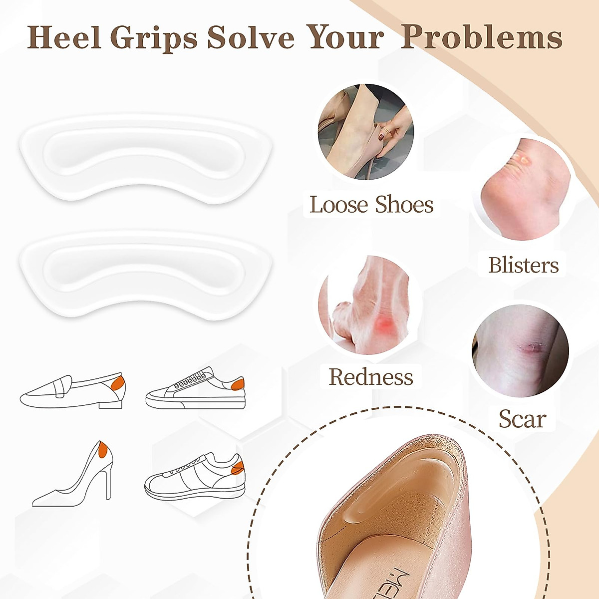 EACOZY Heel Grips, Clear Shoe Heel Inserts, Heel Cushion Pads for Women Men Loose Shoes, 5 Pairs