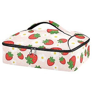 Kcldeci Insulated Thermal Food Carrier Insulated Casserole Carrier for Hot or Cold Food,Flowers and Strawberries on A Pink Insulated Tote Bag for Potluck Cookouts Parties Picnic,Lasagna Lugger