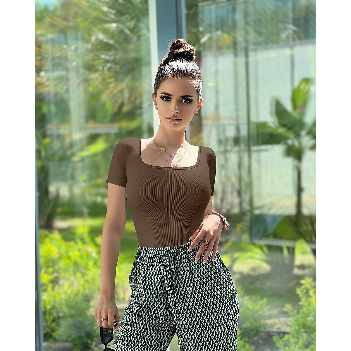 OQQ Women's 2 Piece Bodysuits Sexy Ribbed One Piece Square Neck Short Sleeve Bodysuits Black Coffee