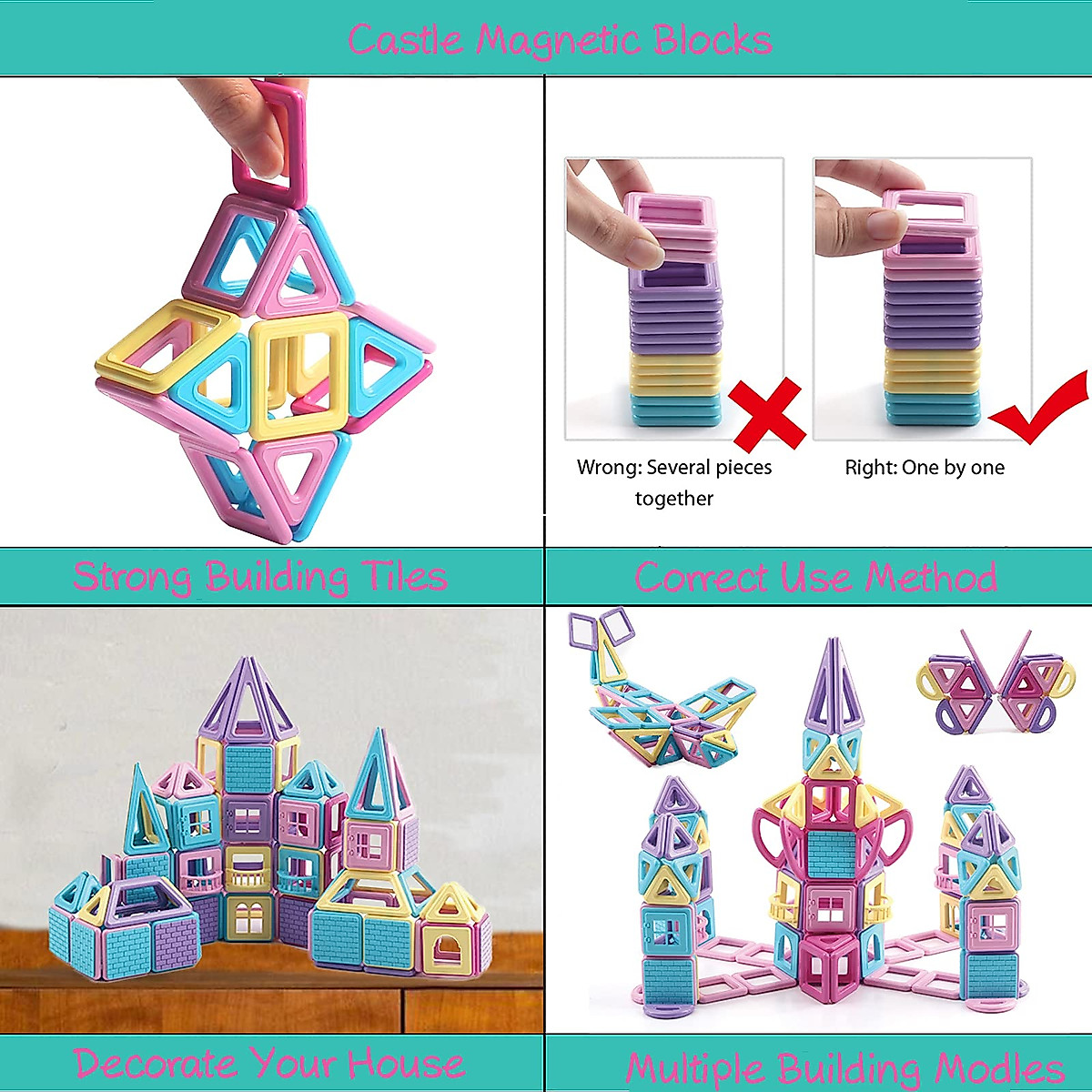 ASOK 3D Castle Magnetic Building Tiles 160pcs Development & Educational Magnetic Blocks Toys for Boys and Girls Ages 3 4 5 6 7 8 Years Old Macaron Color Learning Toys Gifts for Children Kids
